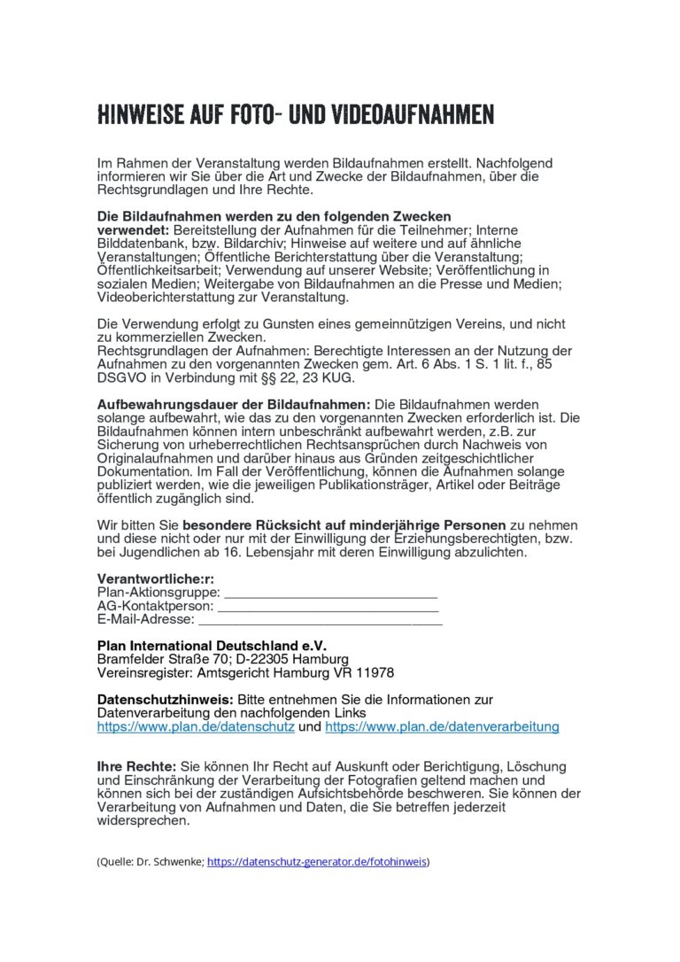 AG Material » Vorlage – Hinweise zu Foto- und Filmaufnahmen